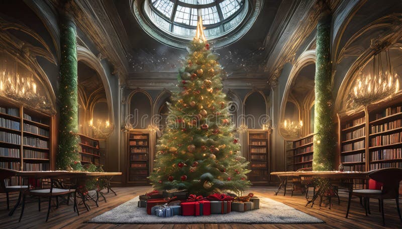 A Large Christmas Tree in the Hall of an Old Library Stock Illustration ...