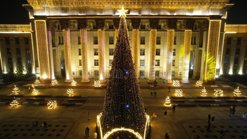 A Large Christmas Tree in the Lights on the Square Stock Photo - Image ...