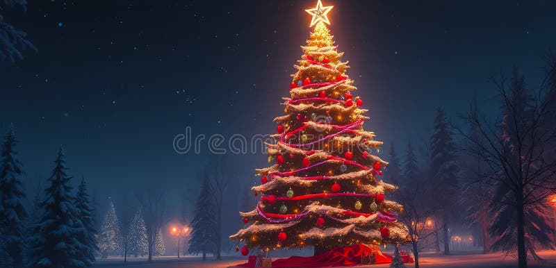 A Large Christmas Tree with Lights and a Star on Top Stock Image ...