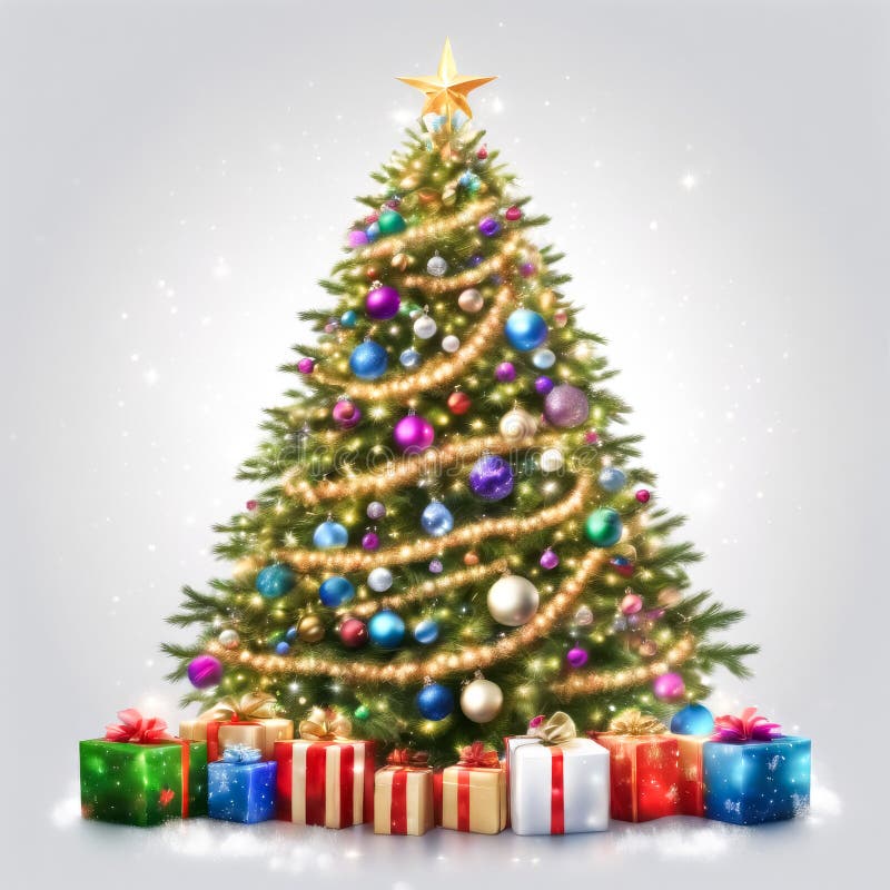 A Large Christmas Tree with Many Ornaments and a Star on Top Stock ...