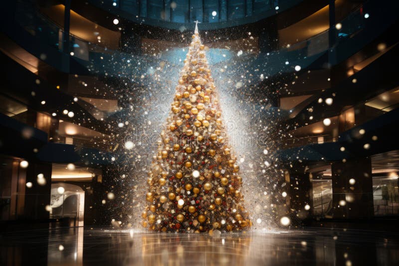 A Large Christmas Tree in the Middle of an Atrium Stock Illustration ...