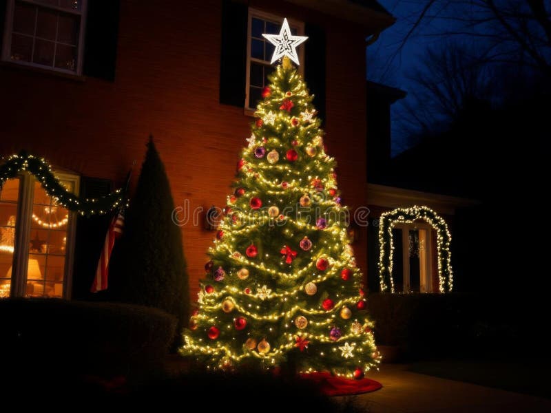 A Large Christmas Tree with a Star on Top and Lights on it Stock ...