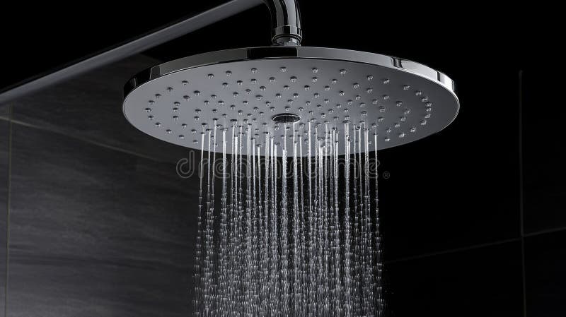 Large Chrome Shower Head with Water Stream in Dark Bathroom Stock ...