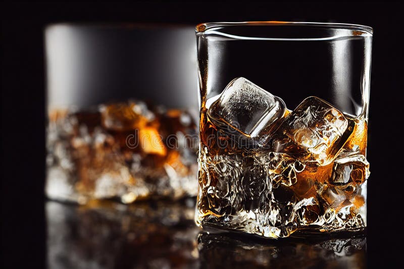 Large Chunks of Ice in Drink Poured into Whiskey Glass Stock ...