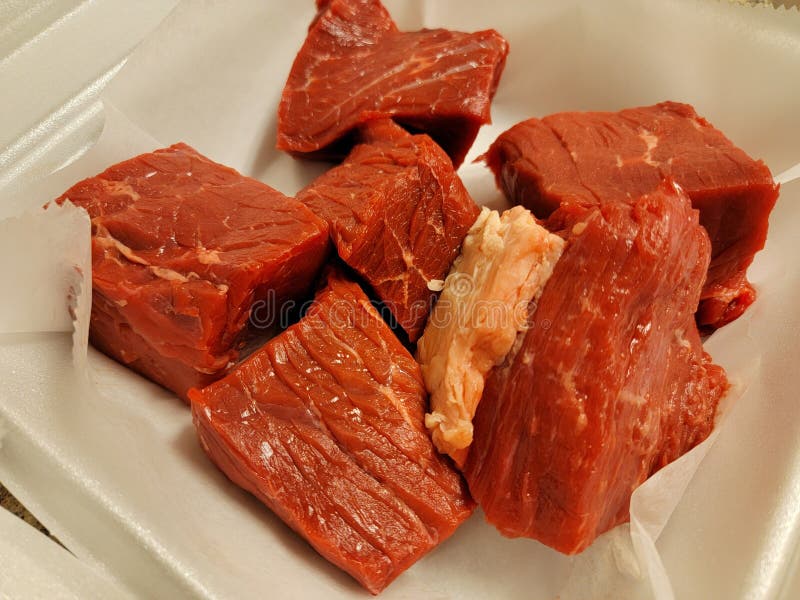 Large Chunks of Raw Red Beef Meat in Foam Container Stock Photo - Image ...