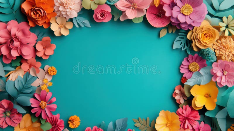 A Large Circle of Paper Flowers on a Turquoise Background, AI Stock ...