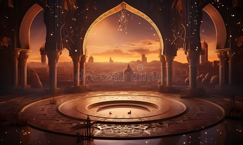 A Large Circular Area with Columns and a Circular Pool, Arabic Elements ...