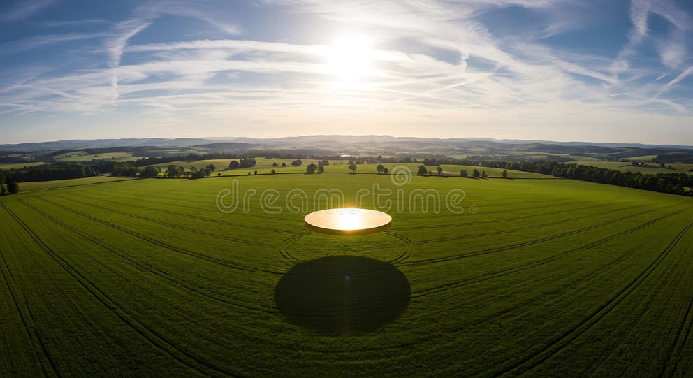 A Large, Circular Crop Circle Pattern is Visible in a Green Field Under ...