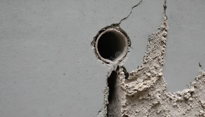 A Large Circular Hole in a Cracked Concrete Wall with Exposed Texture ...
