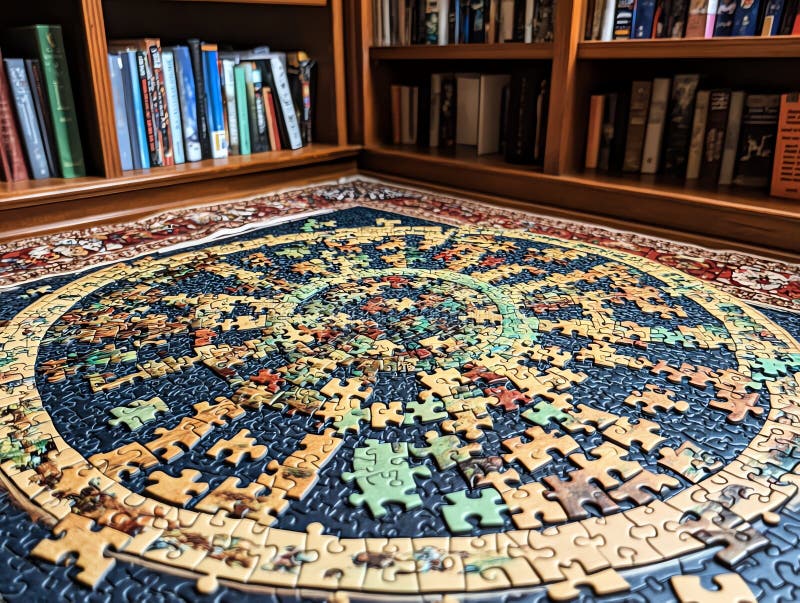 A Large, Circular Jigsaw Puzzle is Partially Assembled on a Rug in a ...