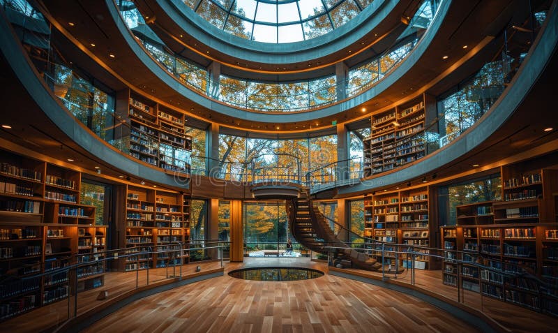 A Large Circular Library with Three Floors of Books and a Central ...