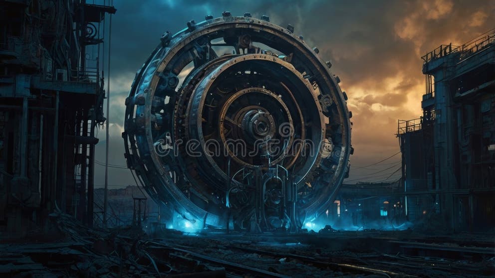 A Large Circular Machine Sits in an Industrial Setting Glowing with ...