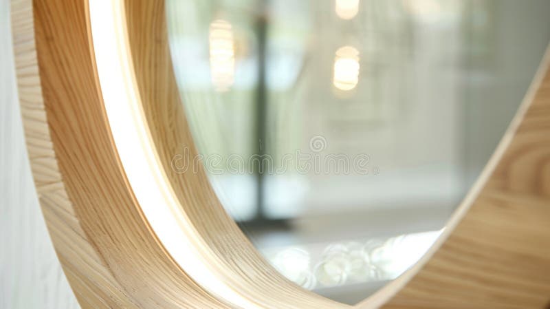 A Large Circular Mirror with a Delicate Wooden Frame Reflects the Soft ...