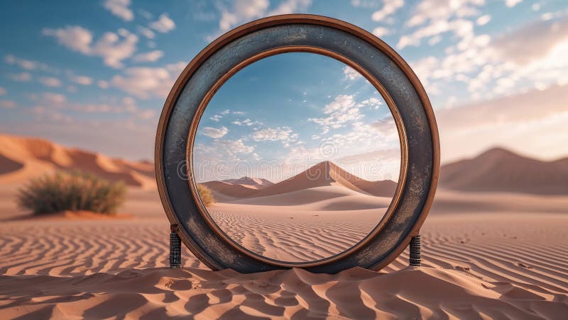 Large Circular Mirror Reflecting Desert Landscape at Sunset Stock ...