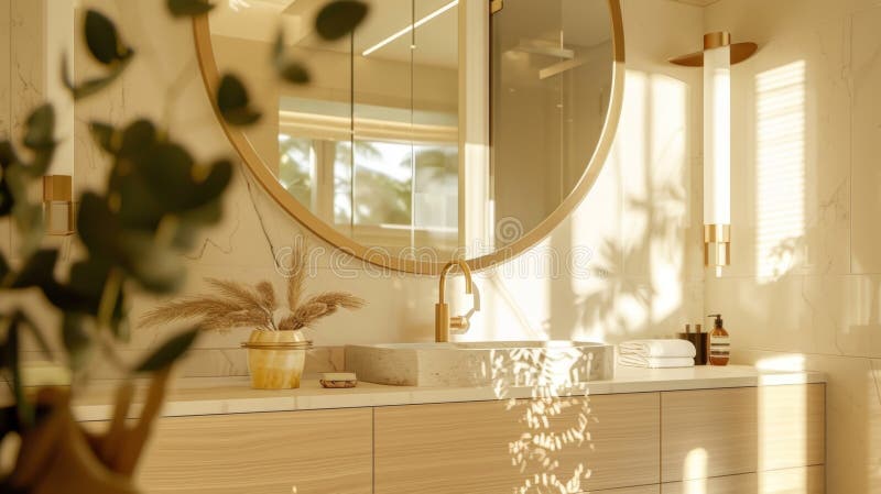 A Large Circular Mirror Reflects the Warm Light and Serene Environment ...