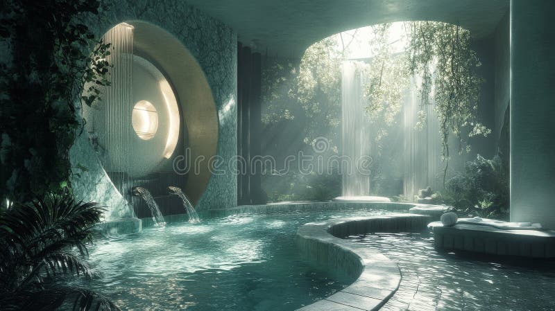 A Large, Circular Pool with a Waterfall in the Middle Stock ...