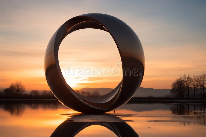 A Large Circular Sculpture in the Middle of a Lake at Sunset Stock ...