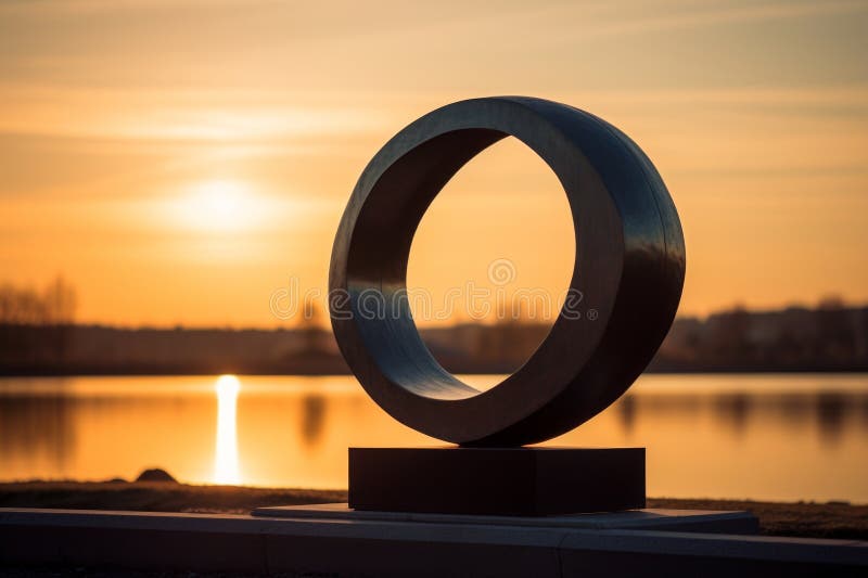 A Large Circular Sculpture is Shown in Front of a Lake at Sunset Stock ...