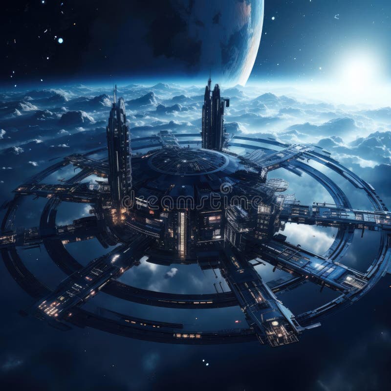 A Large Circular Space Station in Space Stock Illustration ...