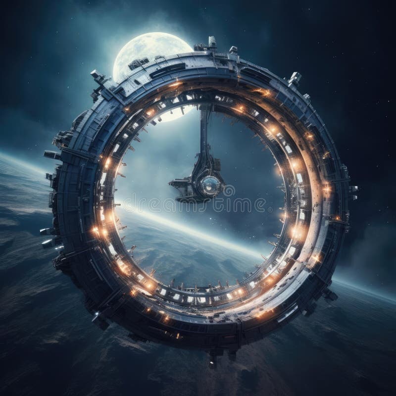 A Large Circular Space Station in Space Stock Illustration ...