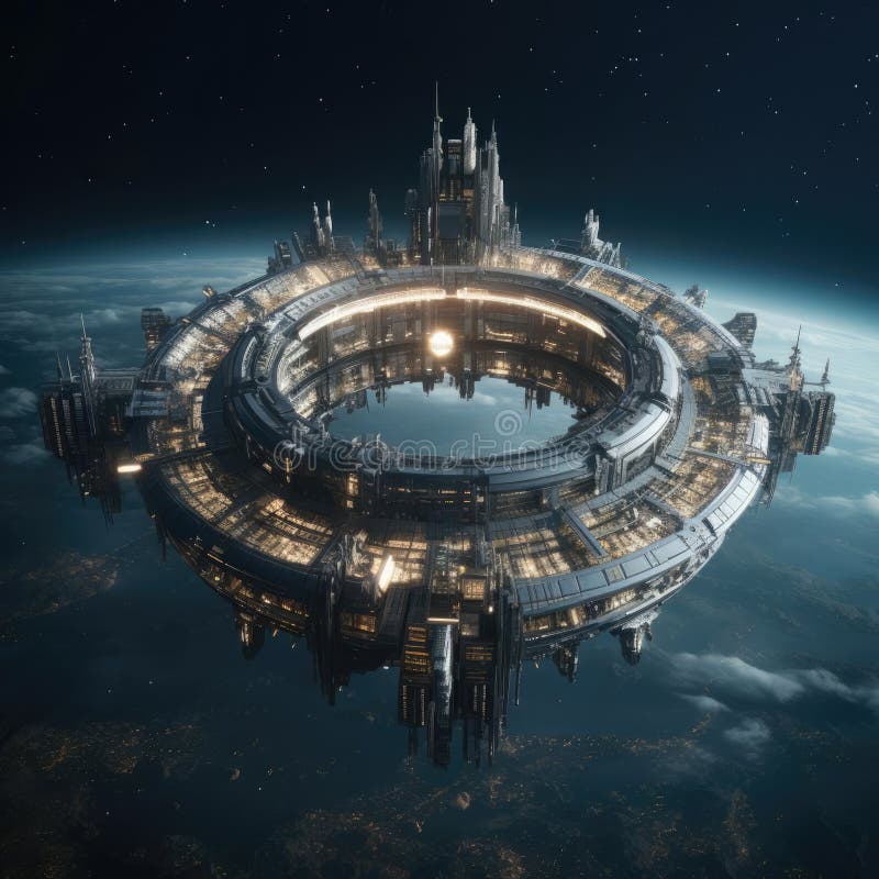 A Large Circular Space Station in Space Stock Illustration ...