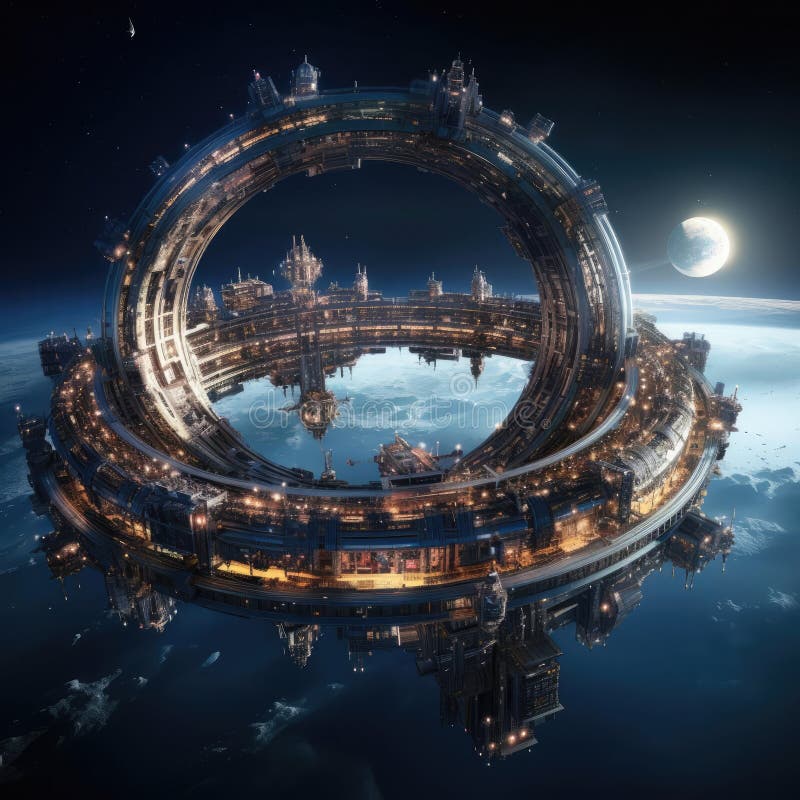 A Large Circular Space Station in Space Stock Illustration ...