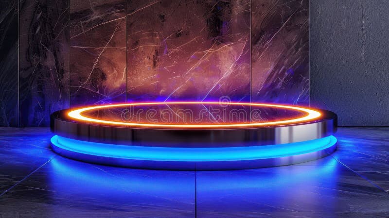 A Large, Circular Stage with Neon Lights and a Blue and Purple ...