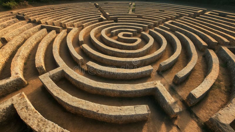 Large Circular Stone Labyrinth at Sunset Stock Illustration ...