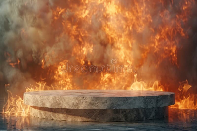 A Large, Circular Stone Slab with a Fire Burning on Top of it Stock ...