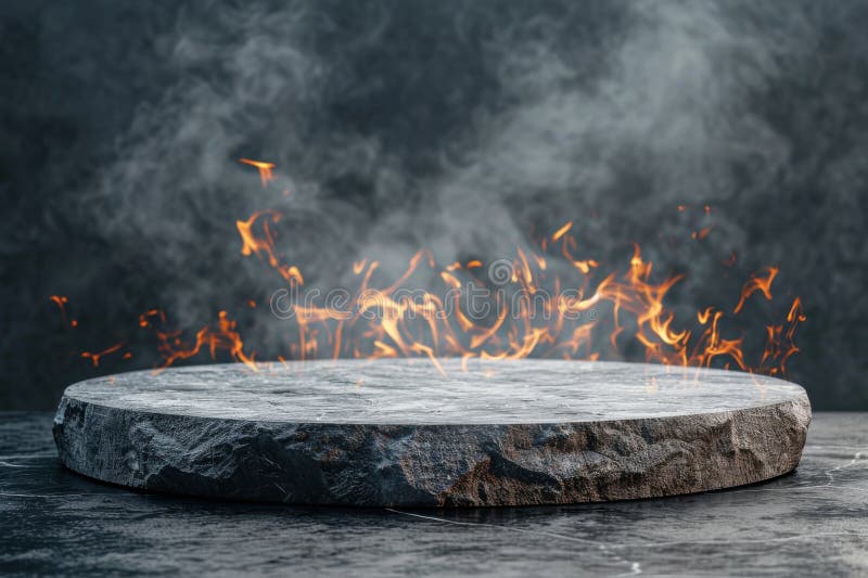 A Large, Circular Stone Slab with a Fire Burning on Top of it Stock ...