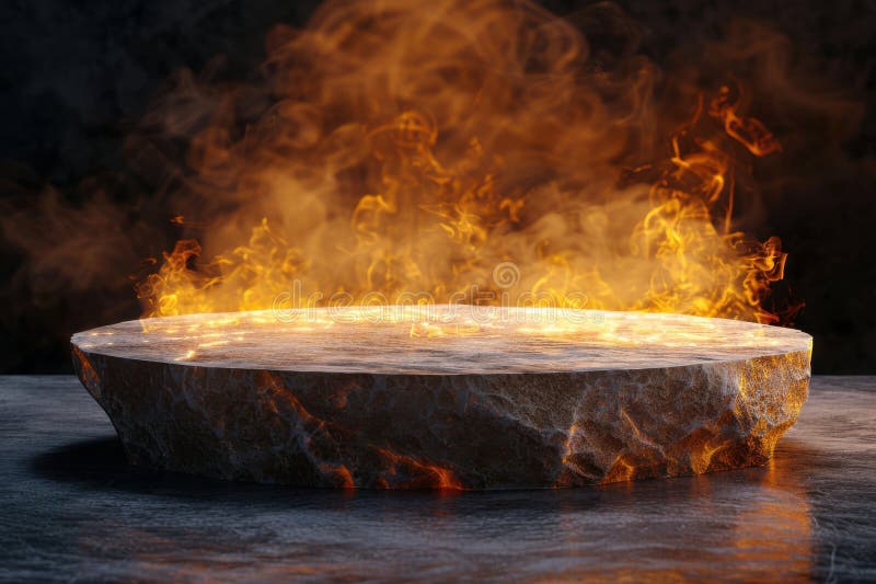 A Large, Circular Stone Slab with a Fire Burning on Top of it Stock ...