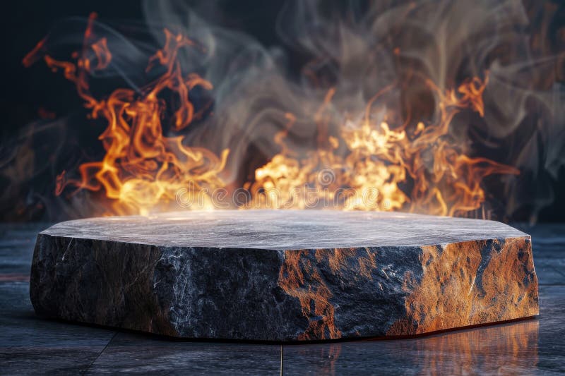 A Large, Circular Stone Slab with a Fire Burning on Top of it Stock ...
