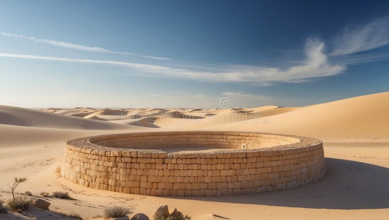 A Large Circular Stone Structure Sits in the Middle of a Desert Stock ...