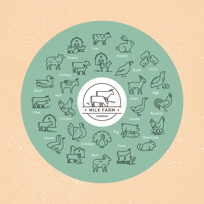 A Large Circular Vector Icon Set of Rural Animals in a Linear Style for ...