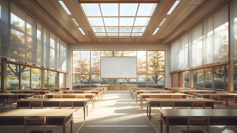 A Large Classroom with Tables, Chairs, and a Projector Screen Stock ...