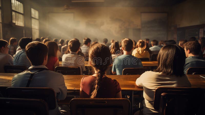A Large Classroom with Young Students Working Hard Stock Illustration ...