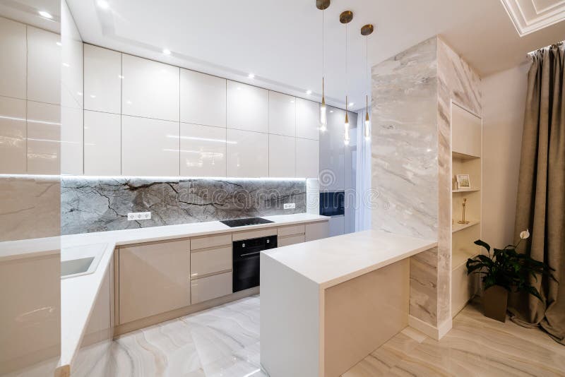 Large Clean New Light Kitchen with White Furniture and Lighting Stock ...