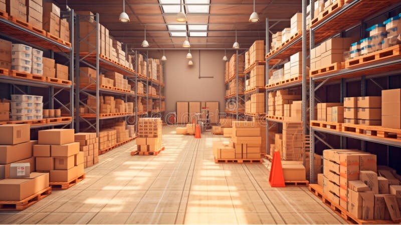 A Large Clean Warehouse with Shelfs, Carboard Boxes and Products ...