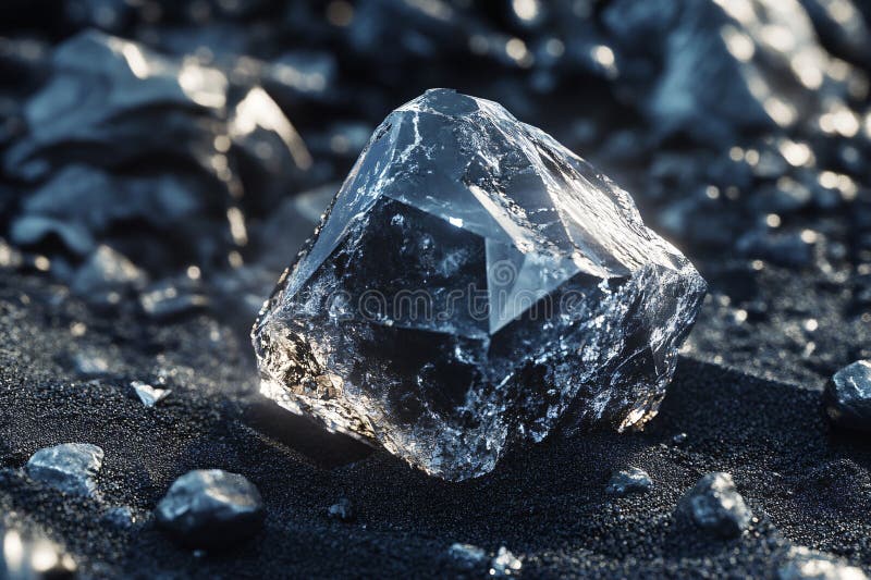 A Large, Clear Crystal Rock Sits on a Black Surface Stock Illustration ...
