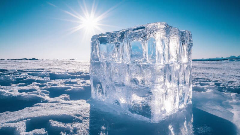 Large Clear Ice Cube on Frozen Lake Under Bright Sun Stock Illustration ...
