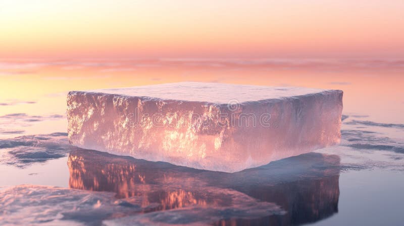 Large Clear Ice Cube Reflecting Sunset on Water Stock Illustration ...