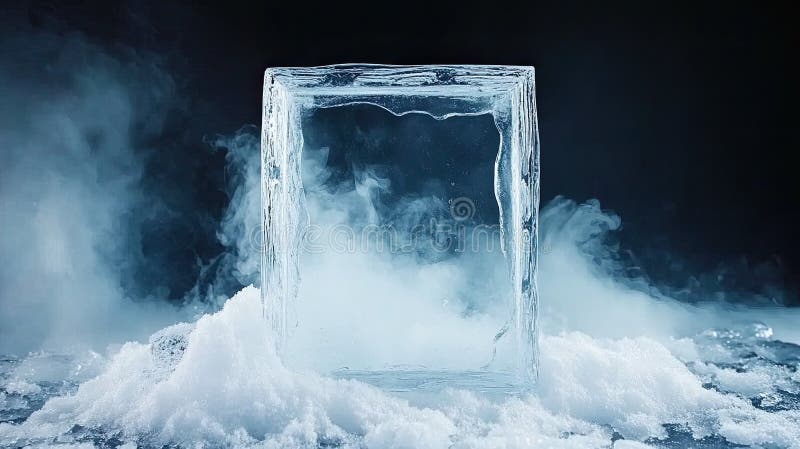 A Large Clear Ice Cube Sits on a Surface, Enveloped in Swirling Fog and ...