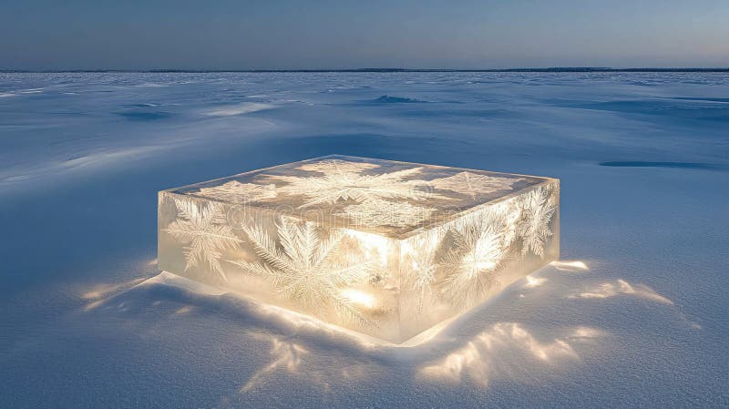 A Large Clear Ice Cube Sits on a Surface, Enveloped in Swirling Fog and ...