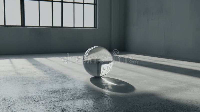 A Large, Clear Sphere Casts a Shadow on a Concrete Floor, with a Window ...