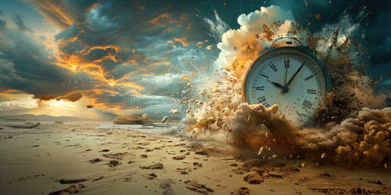 A Large Clock Explodes in a Cloud of Dust and Debris, Creating a ...