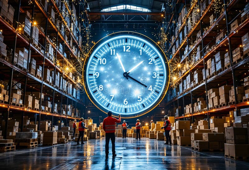 Large Clock Illuminates a Bustling Warehouse Filled with Workers and ...