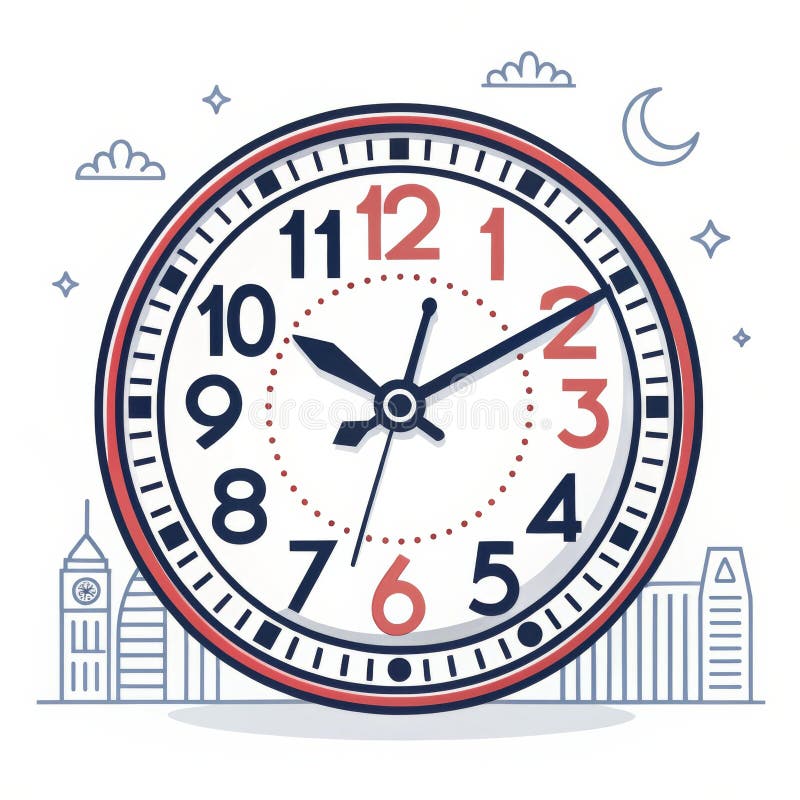 Large Clock Illustration Line Art, Cityscape Background, Time Concept ...