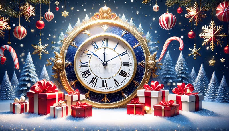 A Large Clock with Roman Numerals on it is Surrounded by Red and White ...