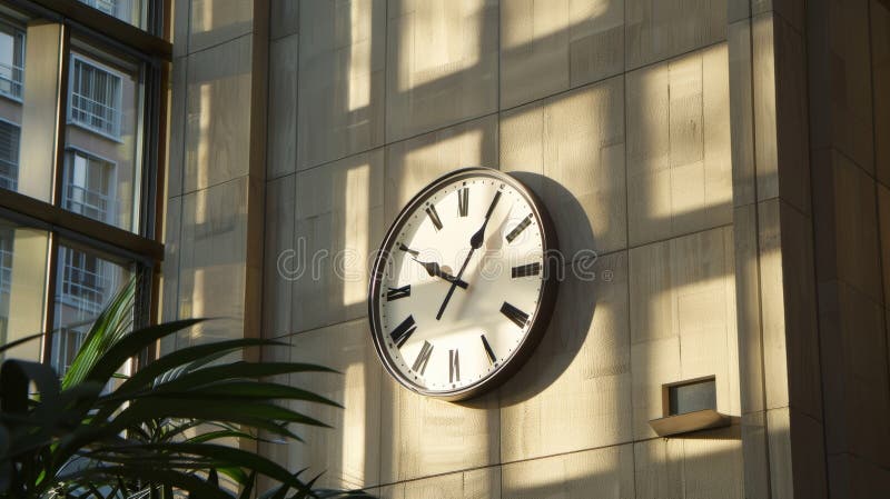 Large Clock Telling Time on Wall with Sunlight Shining through Windows ...