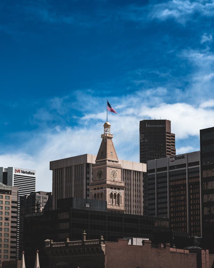 Large Clock Tower with American Flag at the Top Stock Image - Image of ...